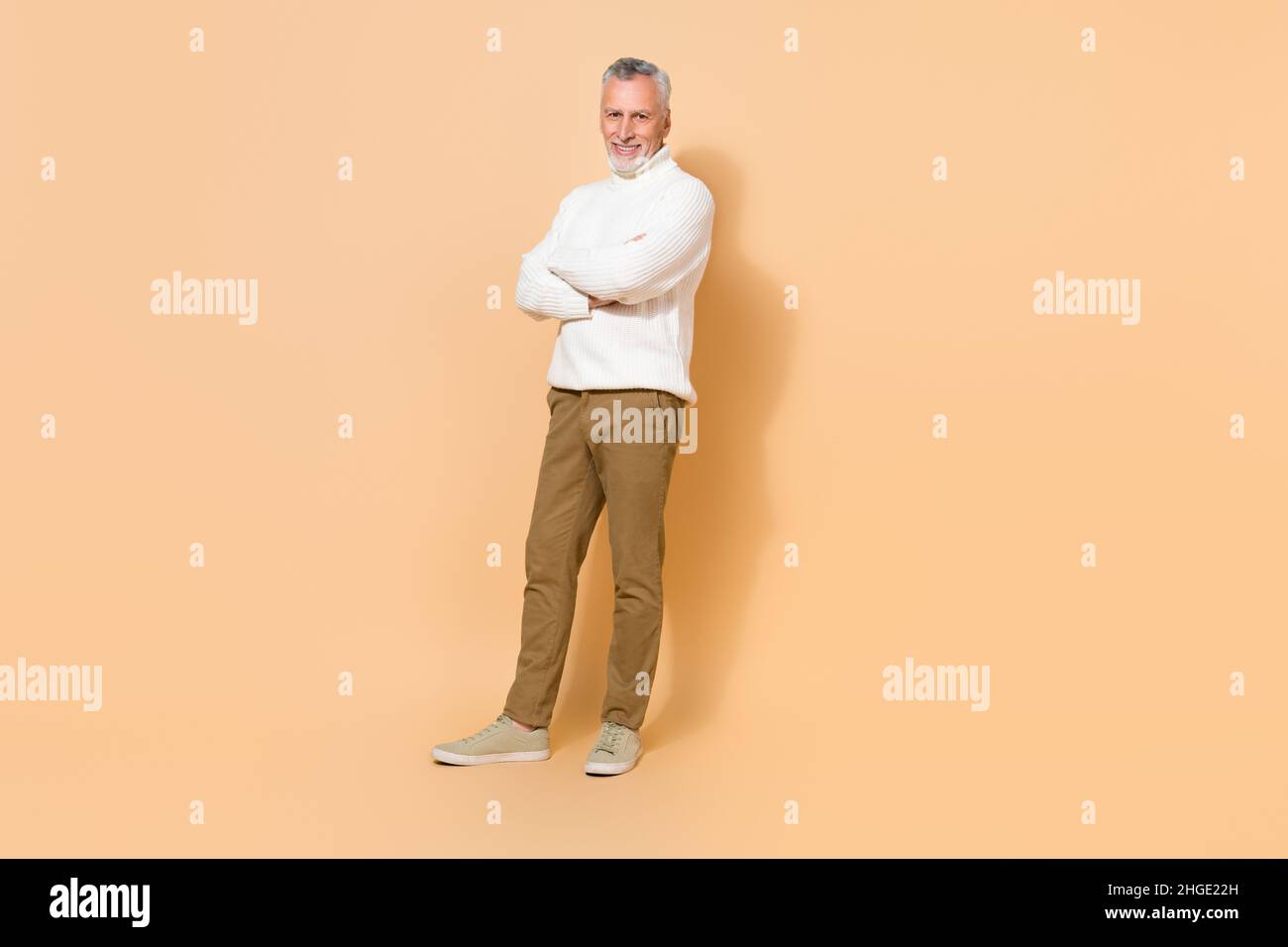 Full length body size view of attractive cheery content grey-haired man ...