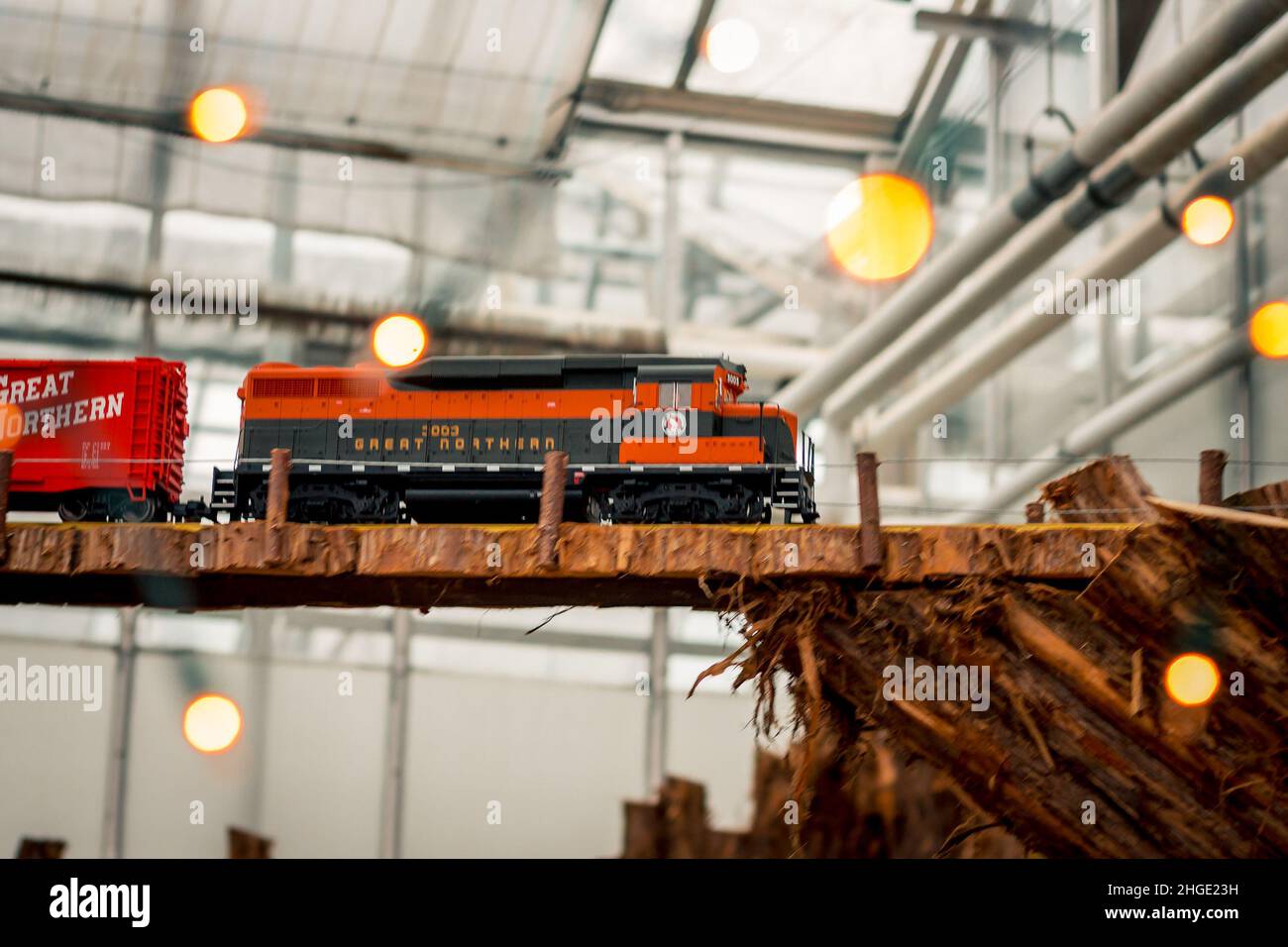 Train model running through a train display in a greenhouse Stock Photo ...