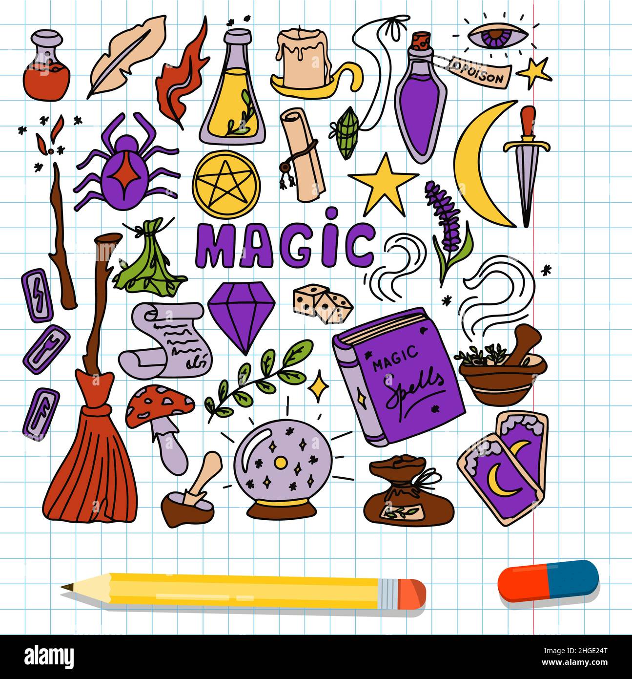Magic hand drawn doodle set. Vector icons of magic items. Collection ...