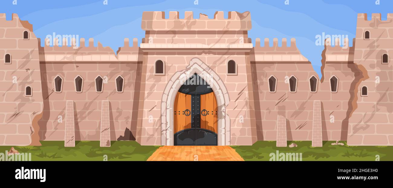 Cartoon broken medieval castle or city wall ruins after war. Abandoned ...