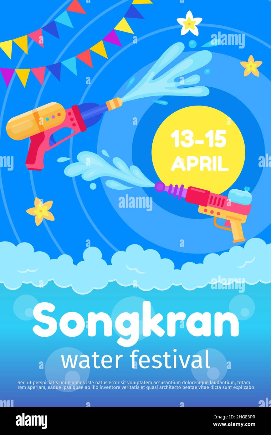 Songkran poster with toy guns and splashes, thailand water festival ...