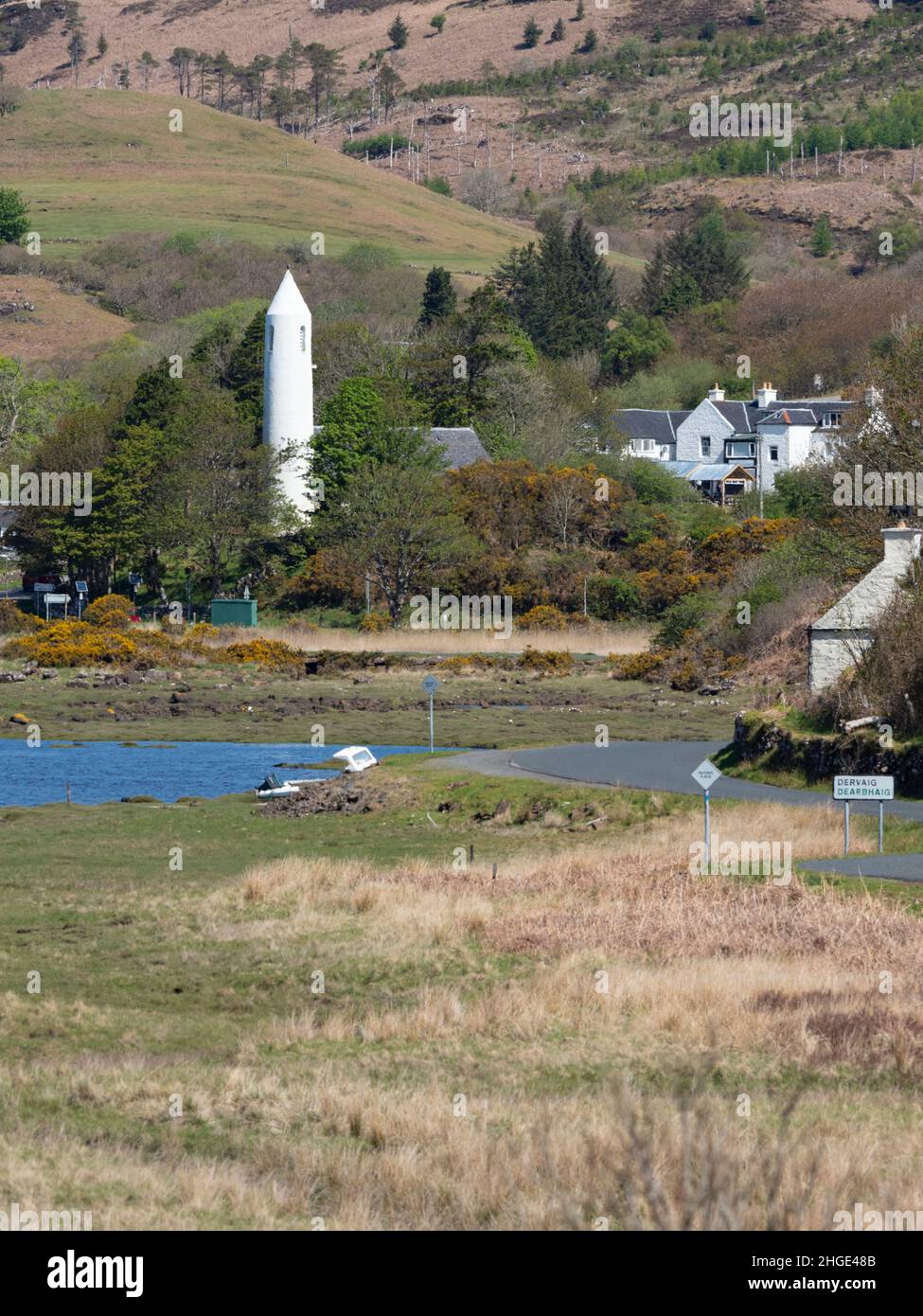 View of Dervaig Village showing Kilmore Church, Mull, Scotland Stock ...