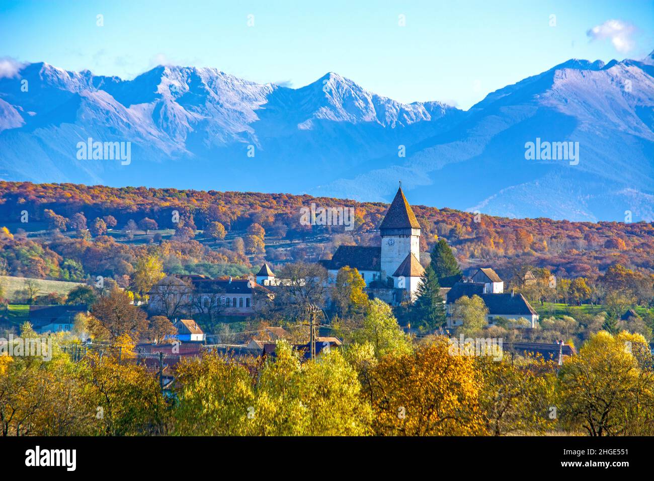Landscape in Transylvania, Romania, fortified church of village Hosman ...