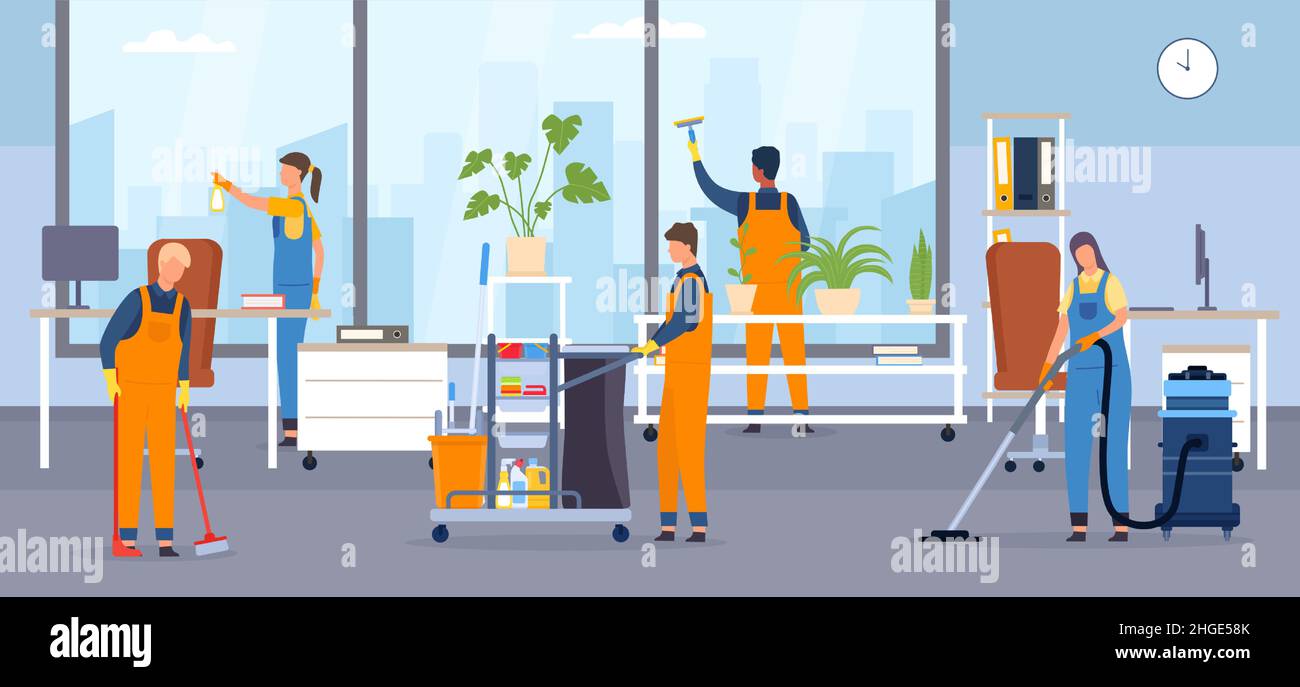 Flat professional cleaning service workers clean in office interior ...
