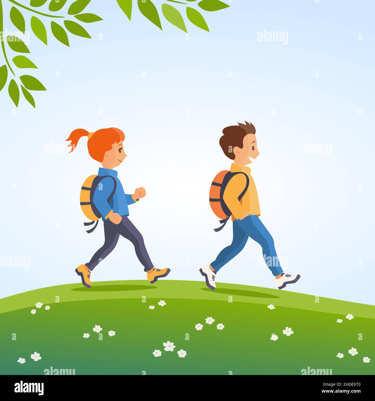 Young boy and girl are walking with backpacks. Hiking tourists or ...