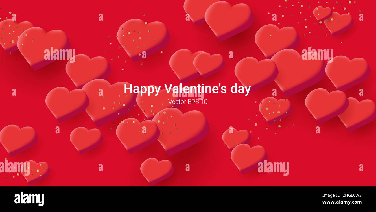 Isometric 3d red hearts creating random texture with confetti on red ...