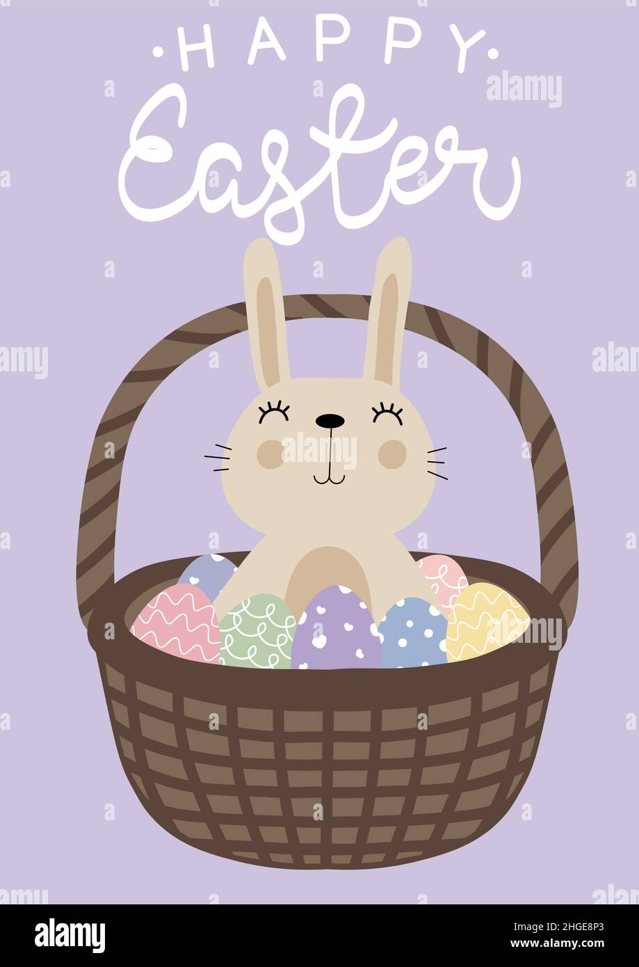 Vector illustration of cute rabbit in a basket of easter eggs. Happy ...