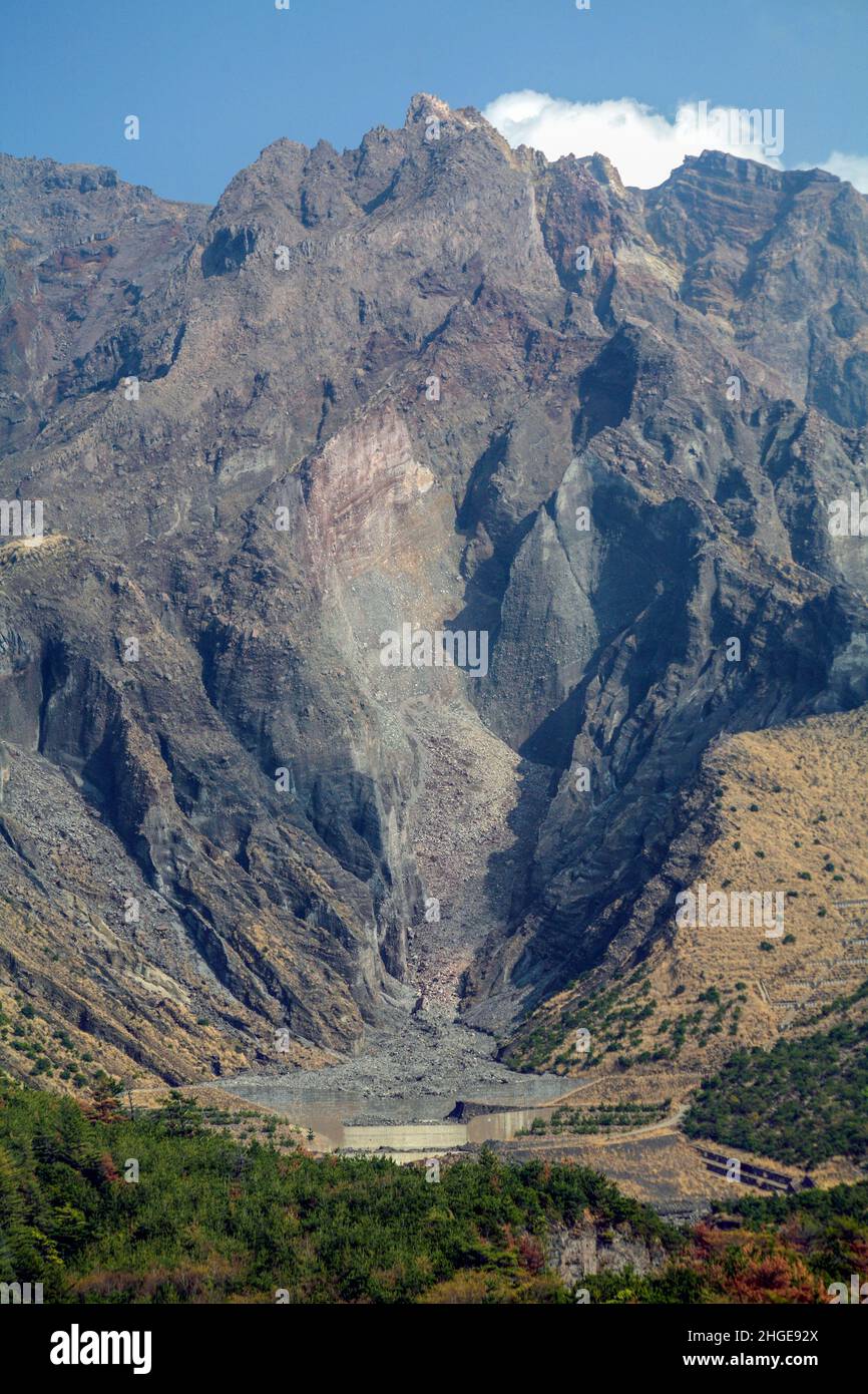 the Sakurajima volcano can be seen in the distance across the bay from ...