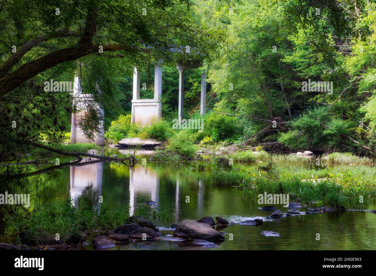 Calm waters of a small river shaded by forest and reflecing road bridge ...