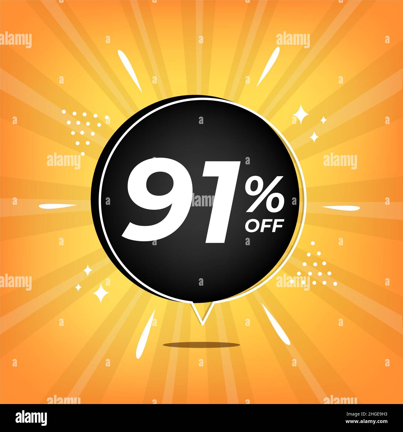 91% off. Yellow banner with ninety-one percent discount on a black ...