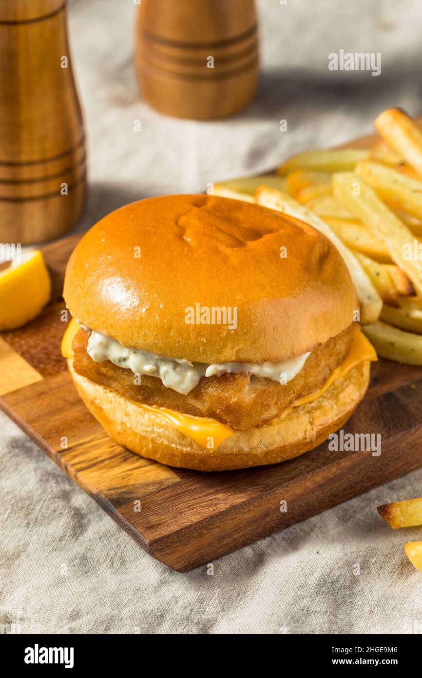 Homemade Fish Filet Sandwich with Cheese and Tartar Sauce Stock Photo ...