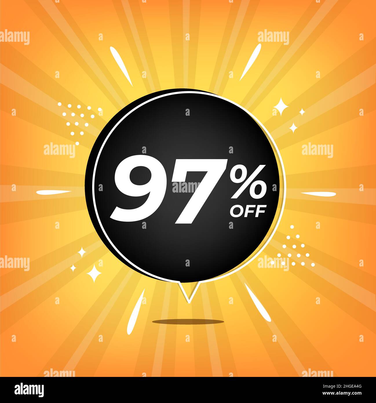 97% off. Yellow banner with ninety-seven percent discount on a black ...