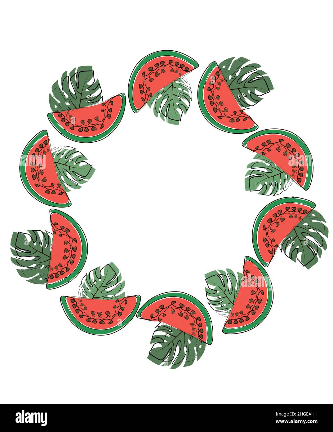 Round frame of leaf and watermelon. Exotic leaves, collected in a ...