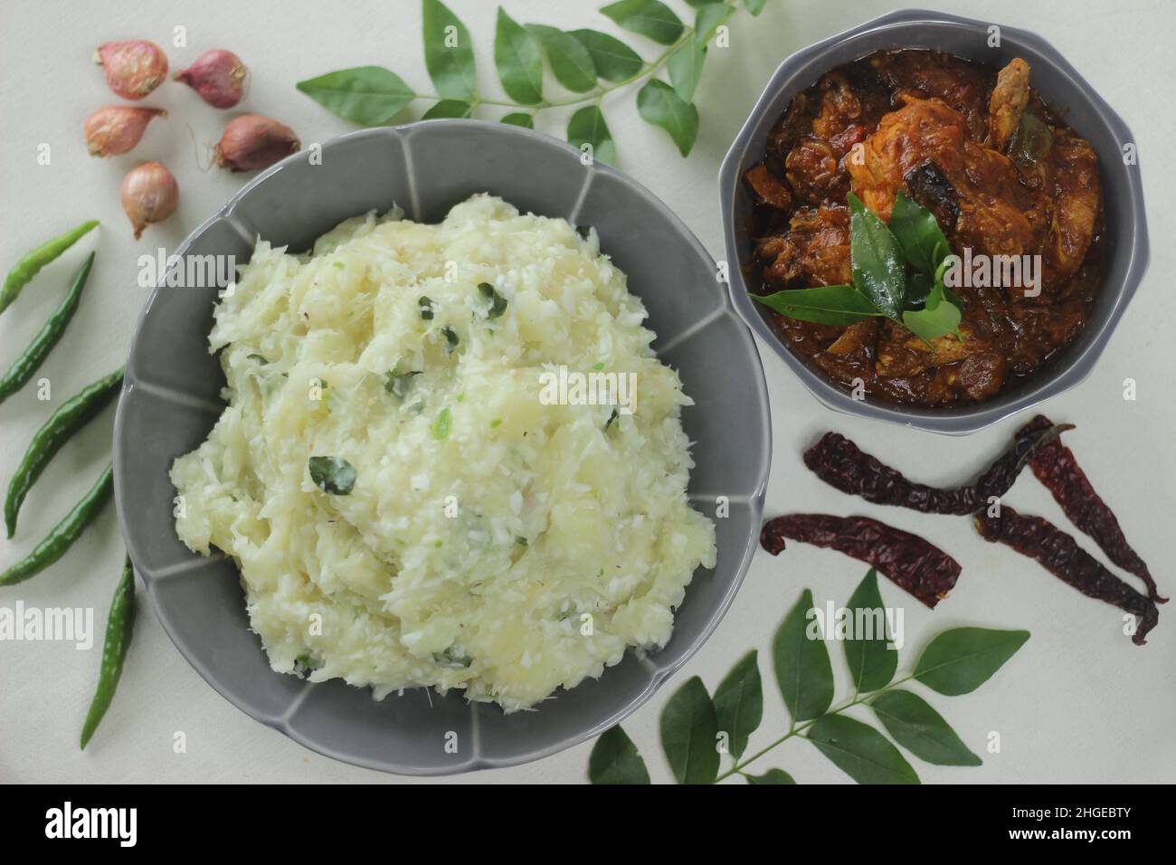Smashed tapioca with green chilies and shallots served with chicken ...