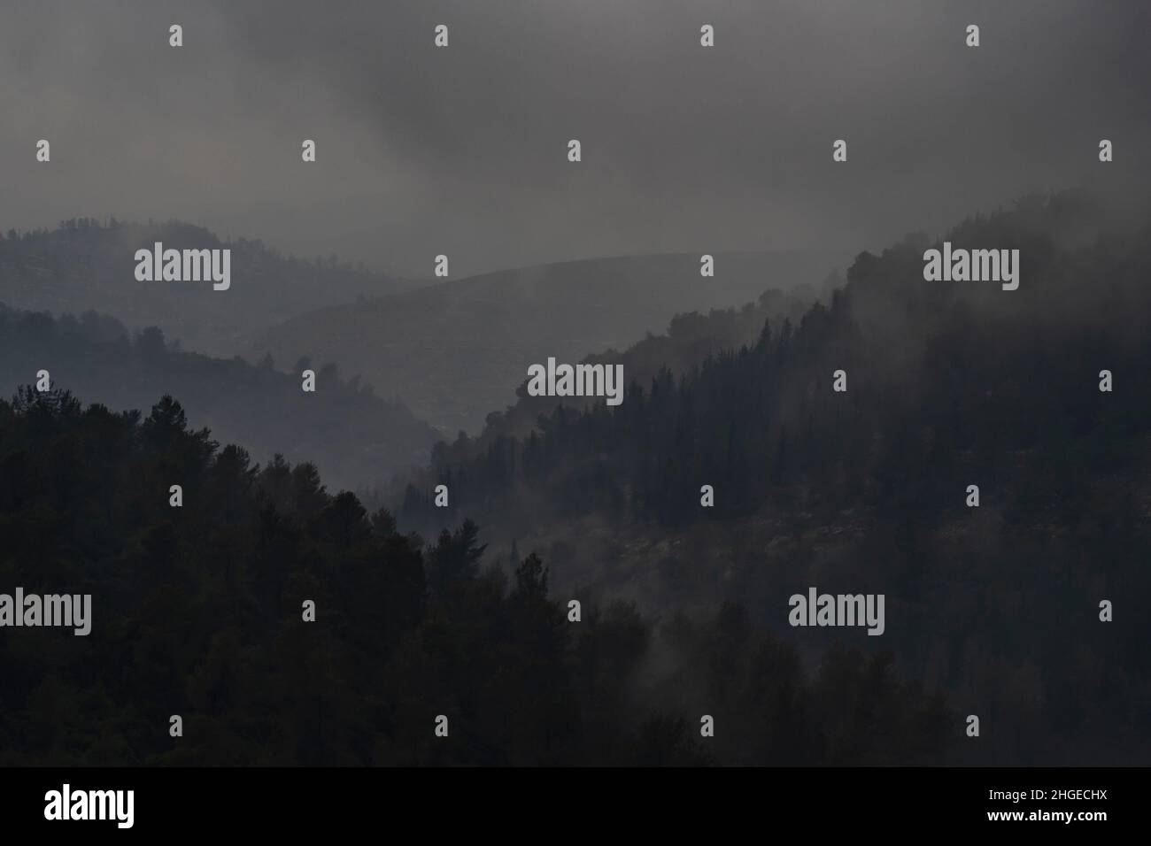 A dark, misty, overcast winter day in the Judea mountains, near ...
