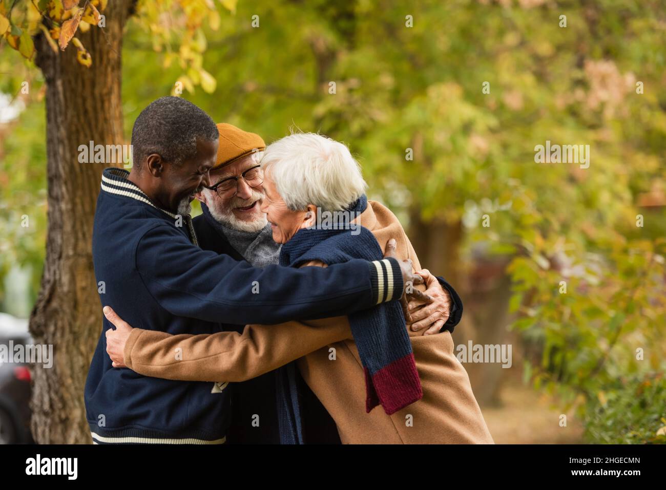 Positive multicultural friends hugging in autumn park Stock Photo - Alamy