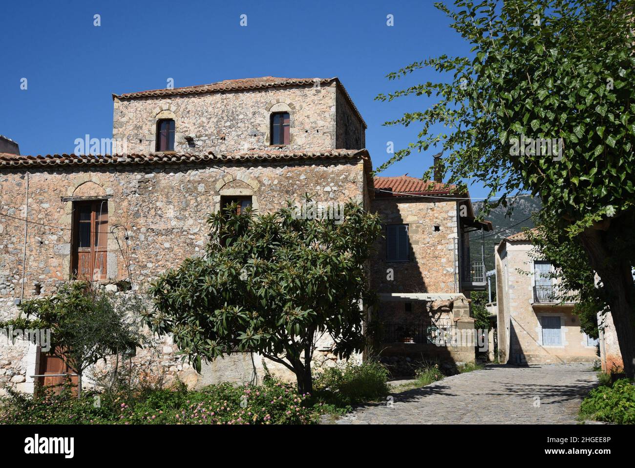Landscape with scenic view of traditional stone built mansions in the ...