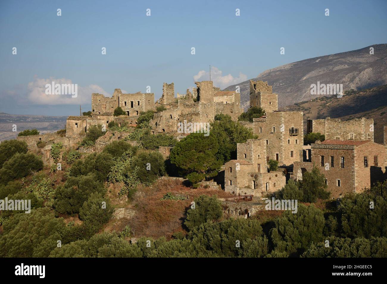 Landscape with panoramic view of Vatheia, a historic village with ...