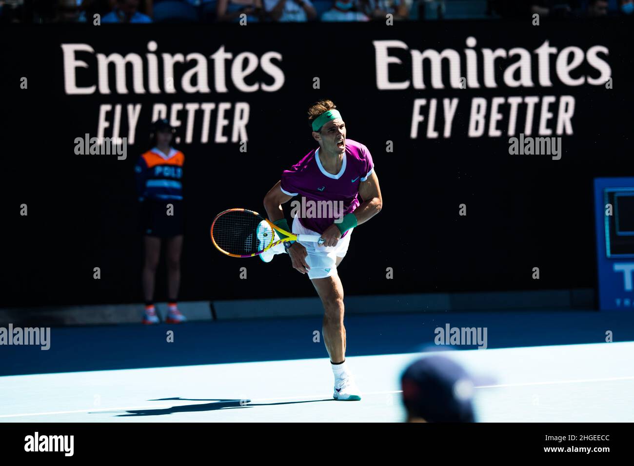 Rafael Nadal in action playing with Marcus Giron during the Australian ...