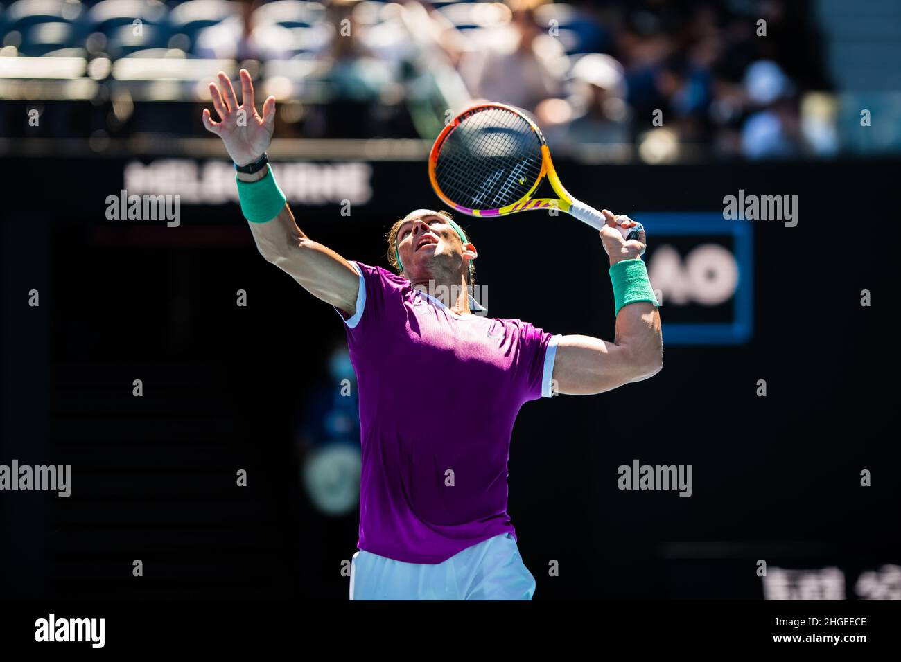 Rafael Nadal is serving against Marcus Giron during the Australian Open ...
