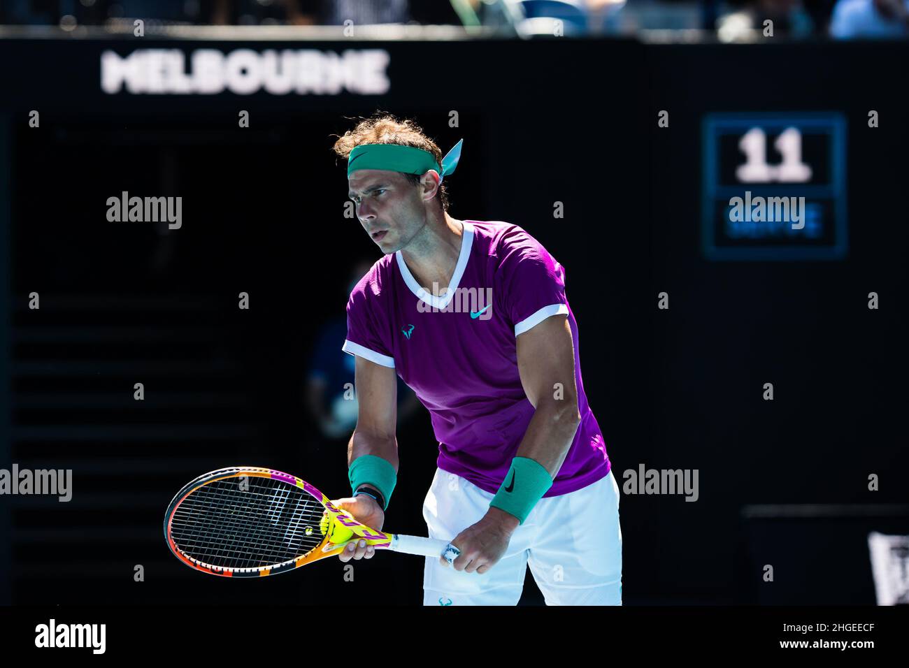 Rafael Nadal is prepared to serve during the Australian Open 2022 Round ...