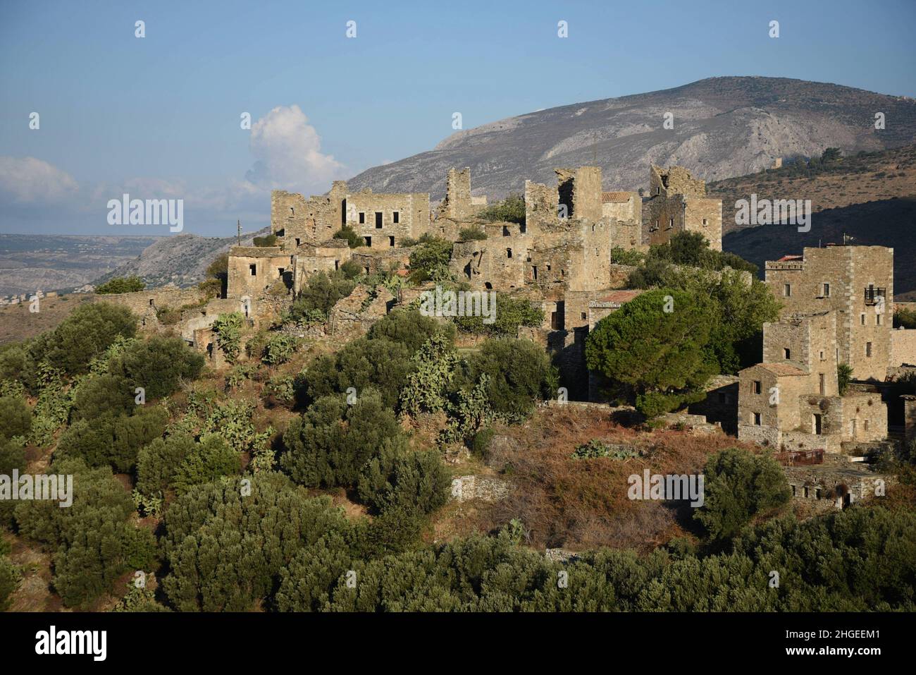 Landscape with panoramic view of Vatheia, a historic village with ...