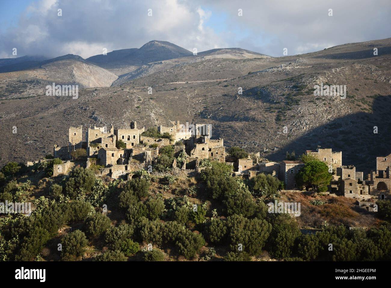 Landscape with panoramic view of Vatheia, a historic village with ...