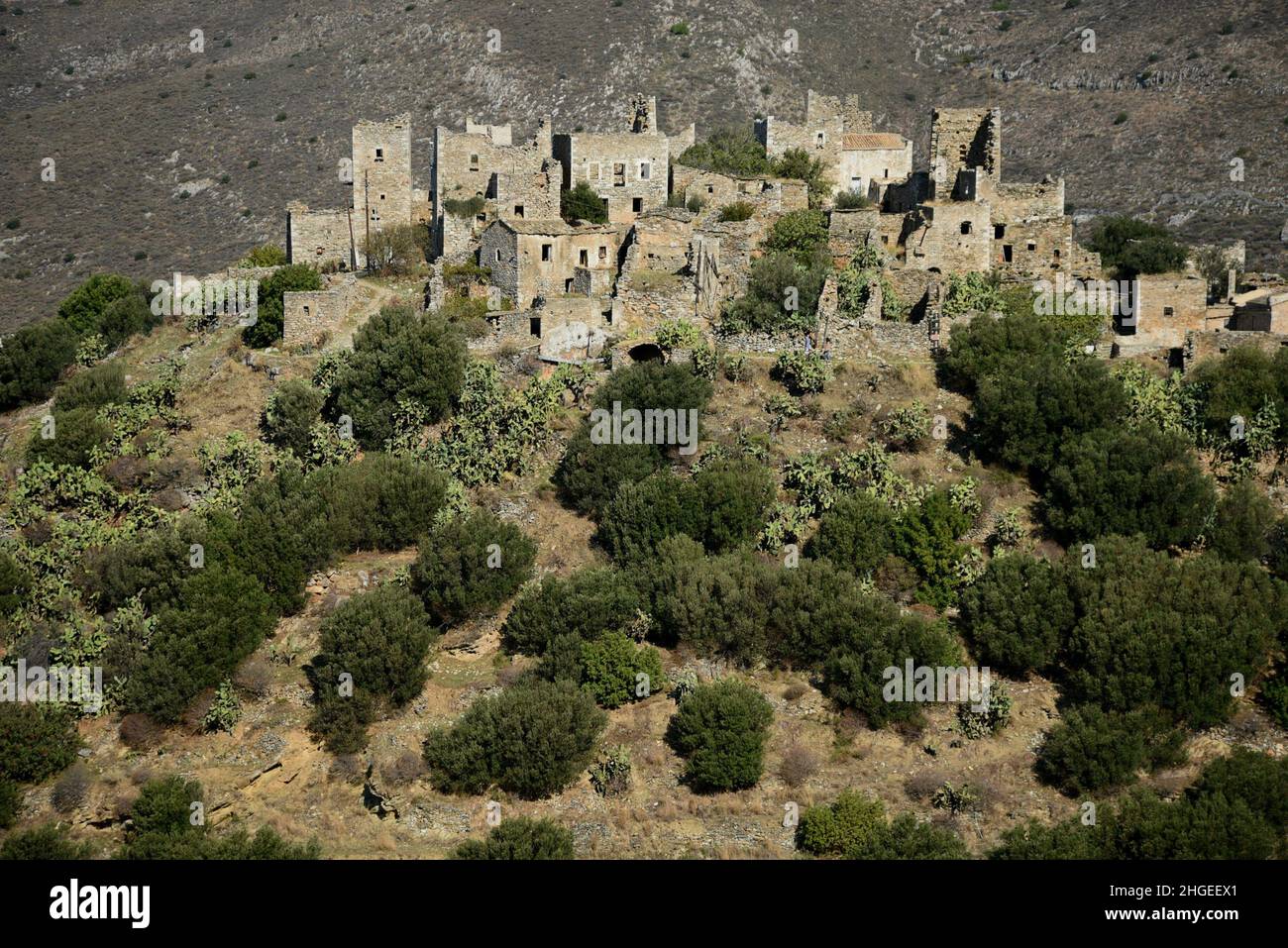 Landscape with panoramic view of Vatheia, a historic village with ...
