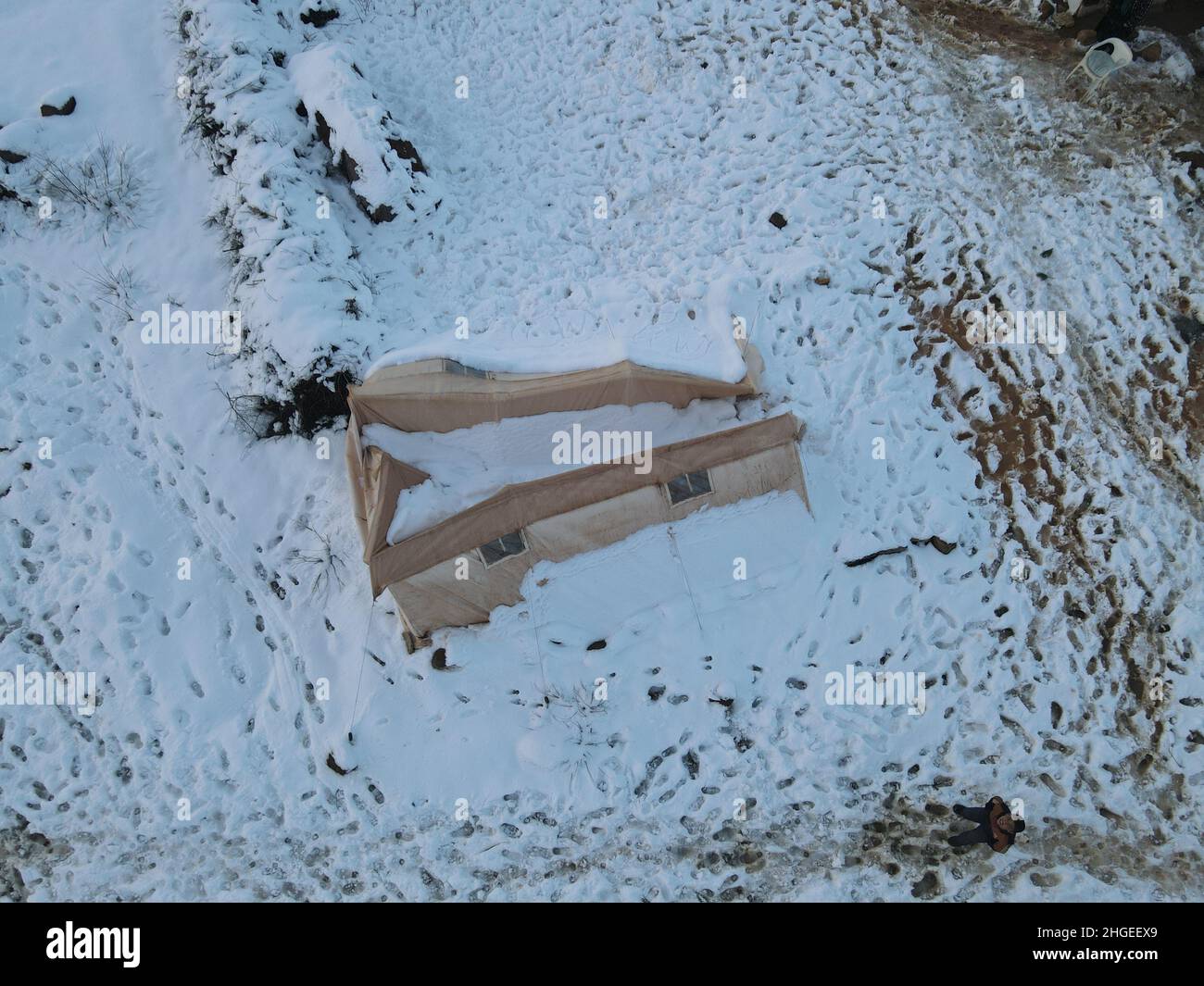 (Editors note image taken by a drone)Aerial view, showing snow-covered ...