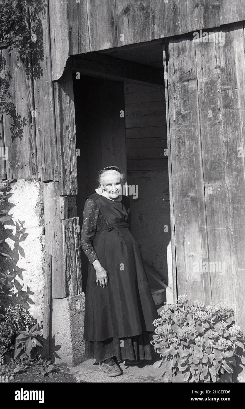 1950s, historical, elderly farm lady wearing a long pinafore over a ...
