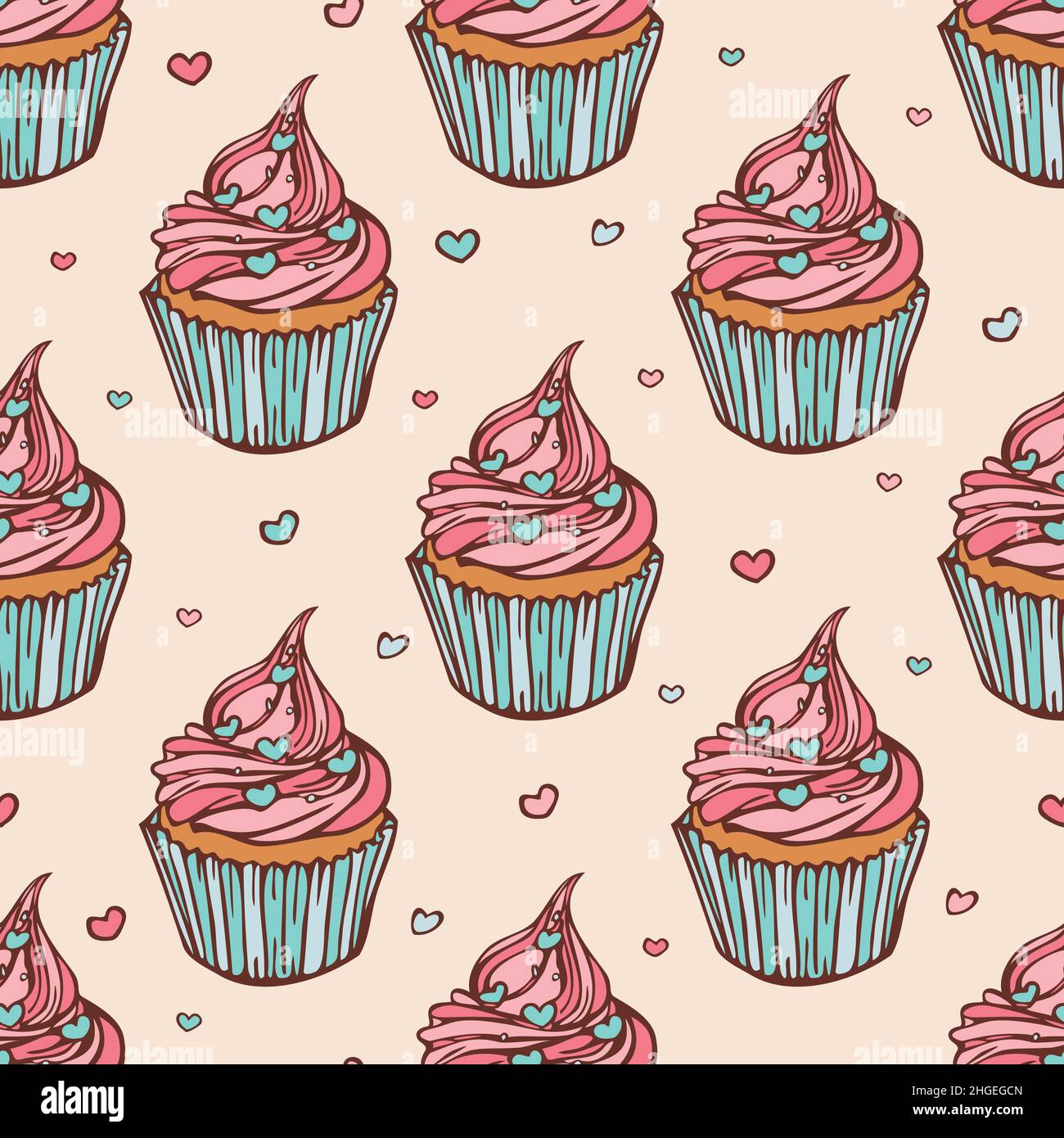 Vector seamless pattern with cupcakes with heart shaped sprinkles. Hand drawn design Stock ...