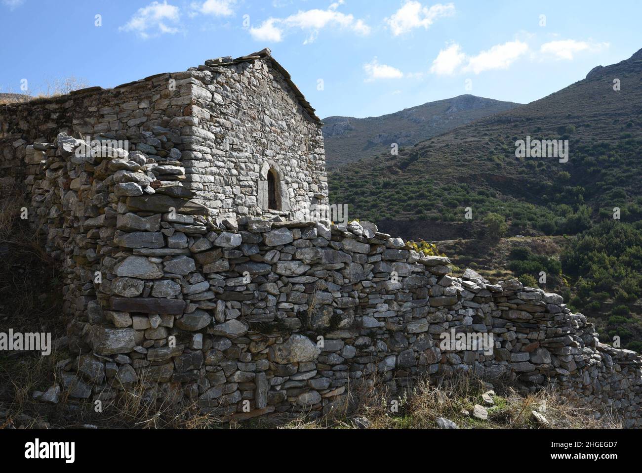 Landscape with scenic view of a traditional stone built rural house in ...