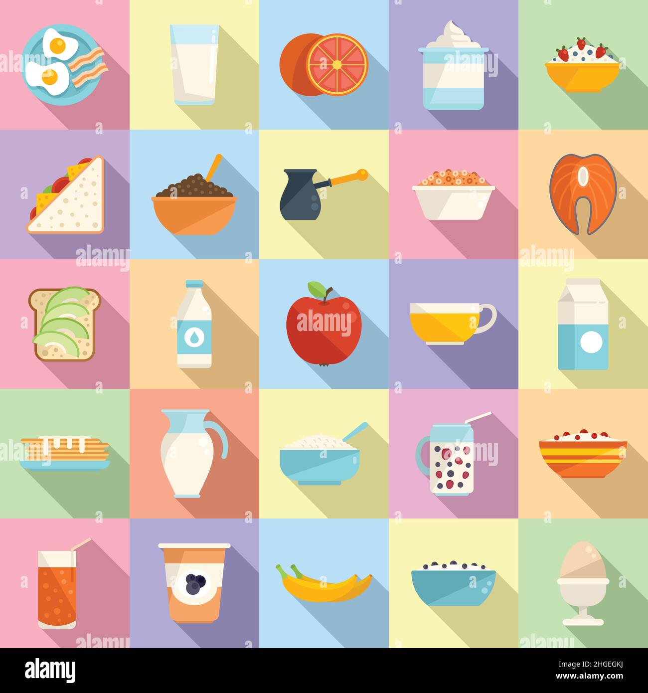 Healthy breakfast icons set flat vector. Protein food. Bread eating ...