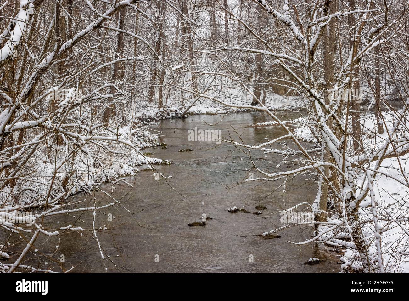 A small creek is lightly blanketed by falling snow in north eastern ...