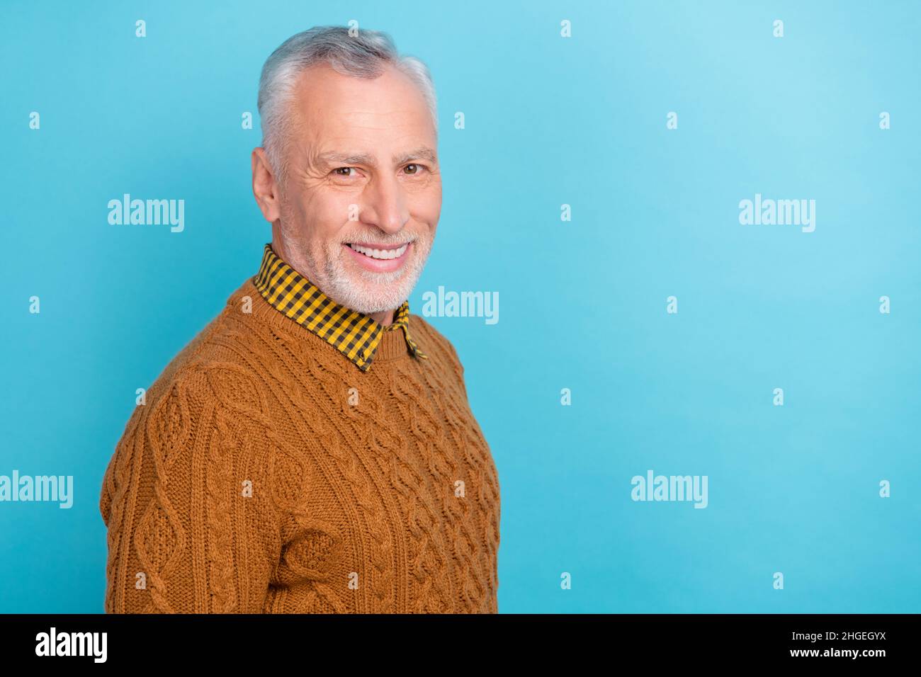 Photo of attractive funny retired man wear brown sweater smiling ...