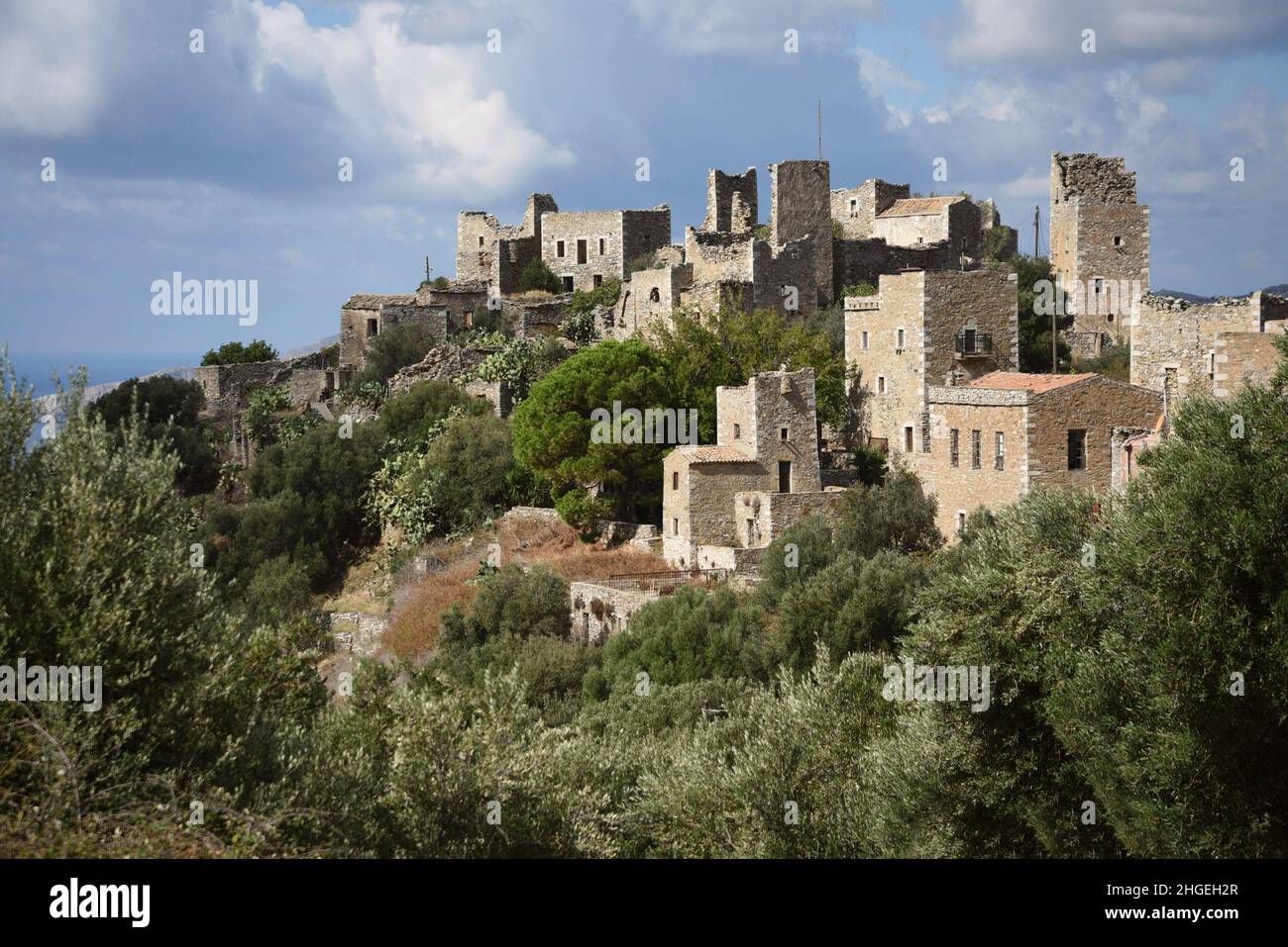Landscape with panoramic view of Vatheia, a historic village with ...
