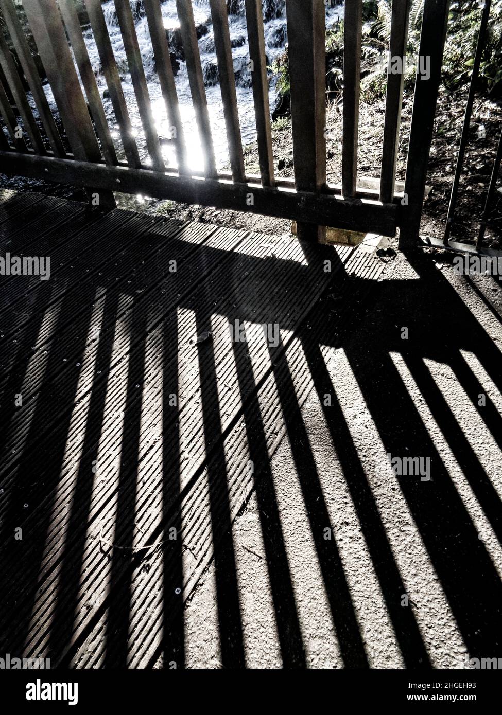 Close-up bridge railings silhouette mainly of straight lines in ...