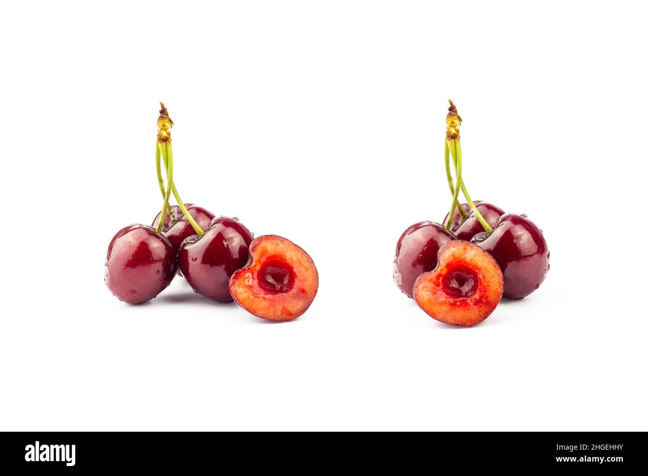 Red fresh cherry and cherry slices isolated on white background Stock ...