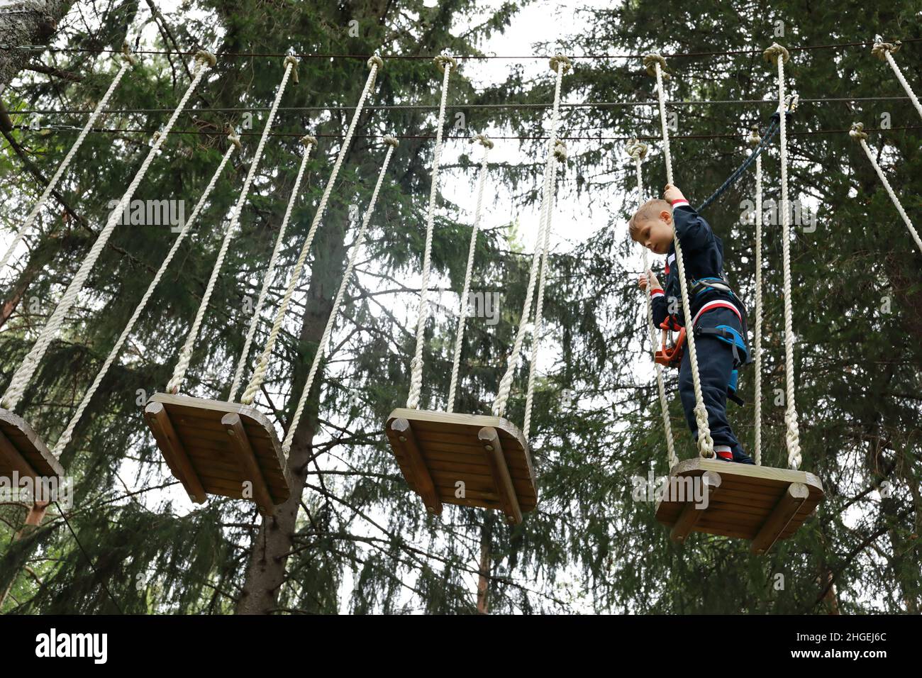 Kid on obstacle course in forest, Karelia Stock Photo - Alamy