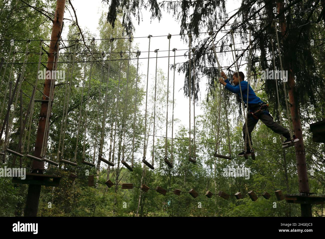 Boy on obstacle course in forest, Karelia Stock Photo - Alamy