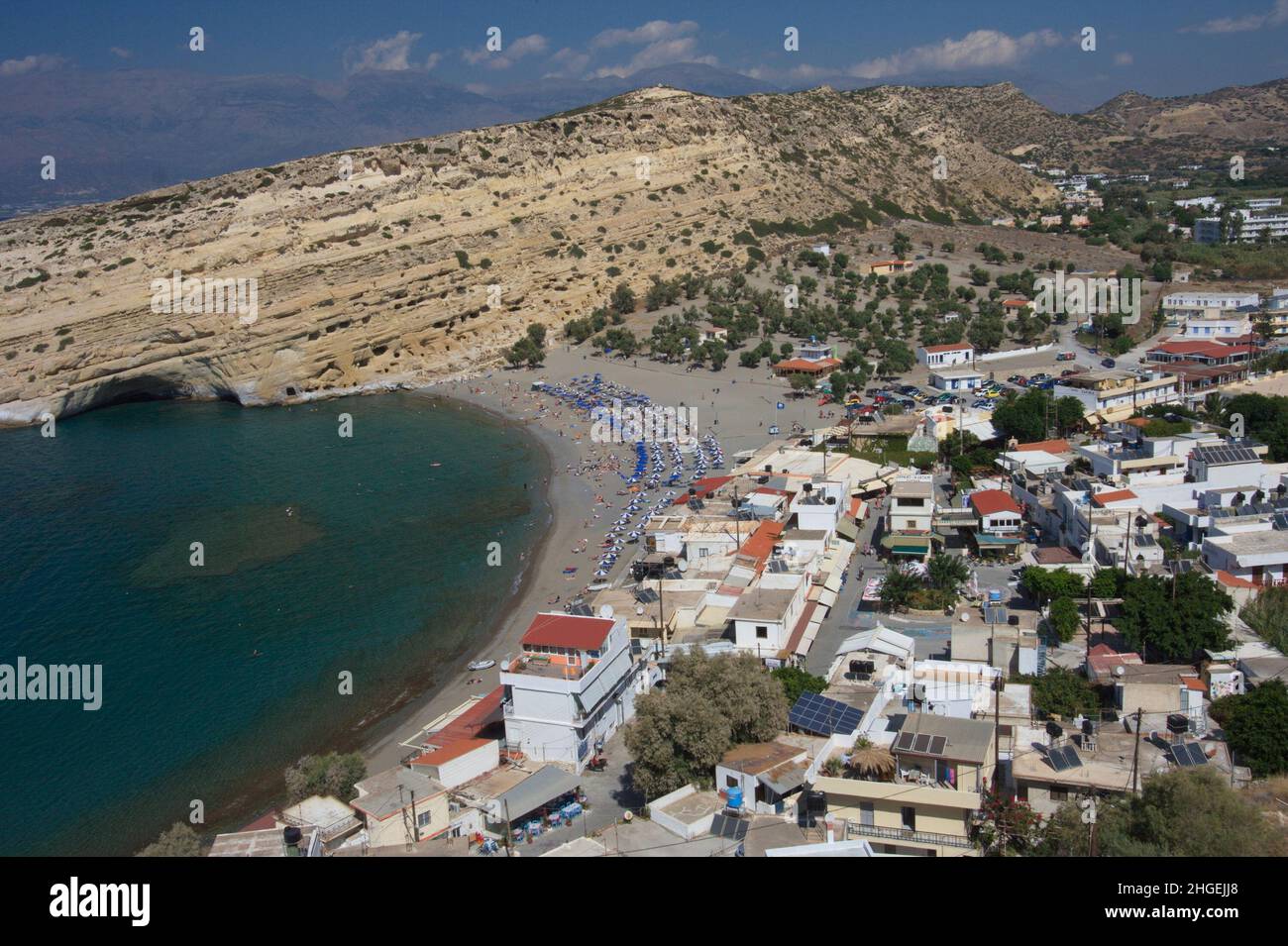 View of village Matala at Hippie Caves on Crete in Greece,Europe Stock ...