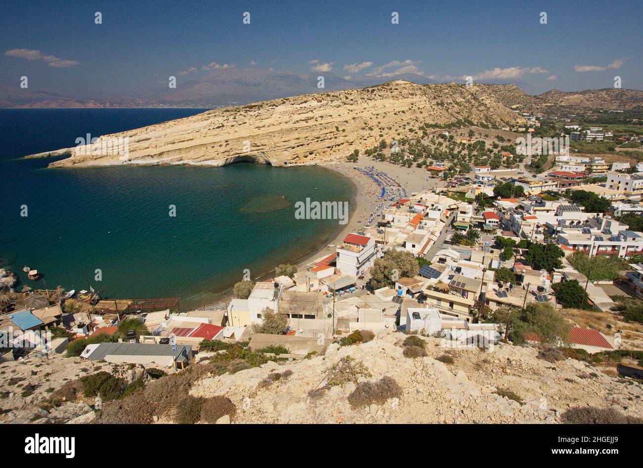 View of village Matala at Hippie Caves on Crete in Greece,Europe Stock ...