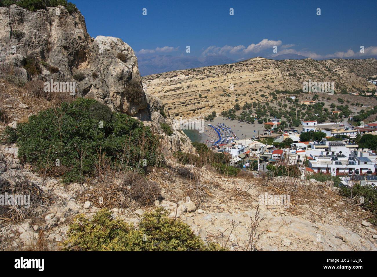 View of village Matala at Hippie Caves on Crete in Greece,Europe Stock ...