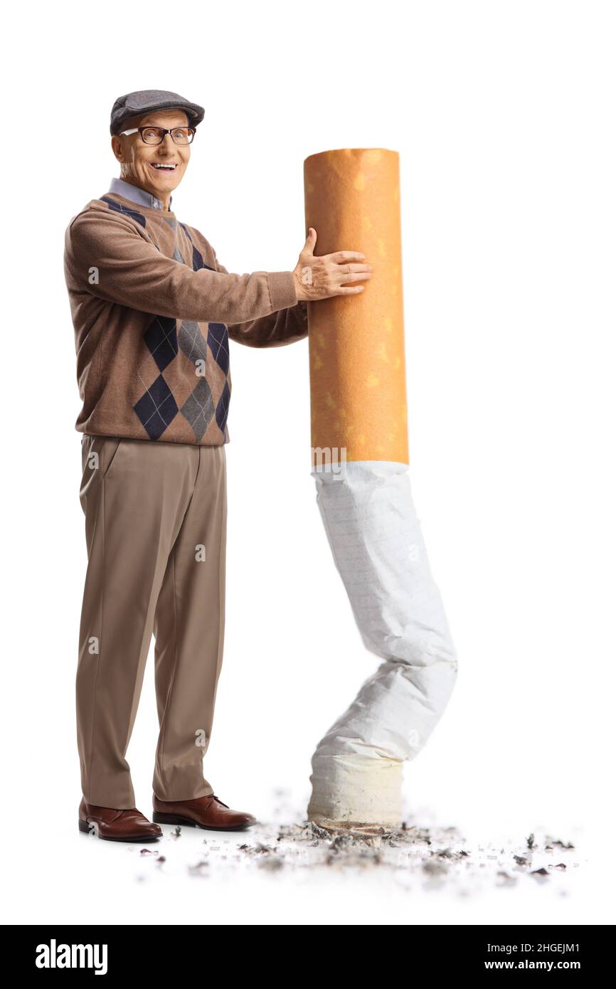 Full length portrait of an elderly man smiling and putting off a big ...