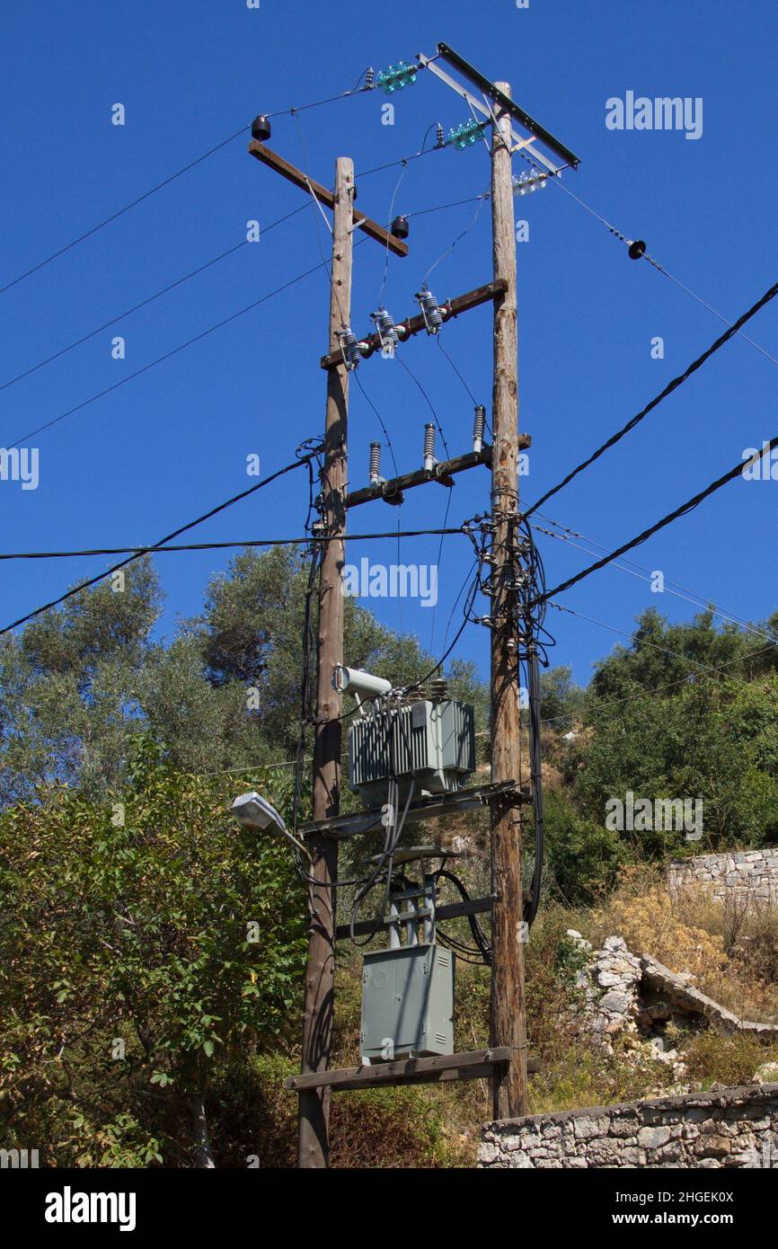 High voltage power line with a transformer on Crete in Greece,Europe ...