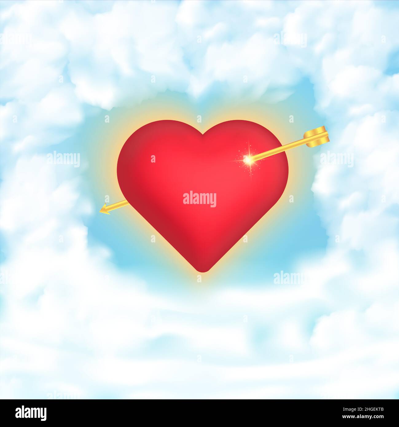 A red heart with an arrow is flying in the clouds. 3d heart. Vector ...
