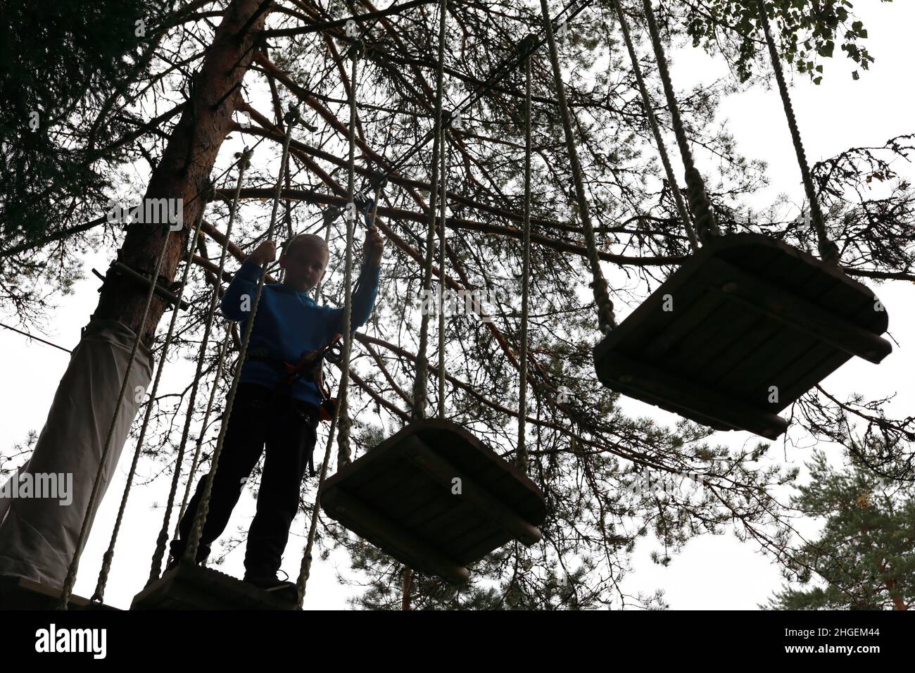 Boy overcomes obstacle course in rope park Stock Photo - Alamy