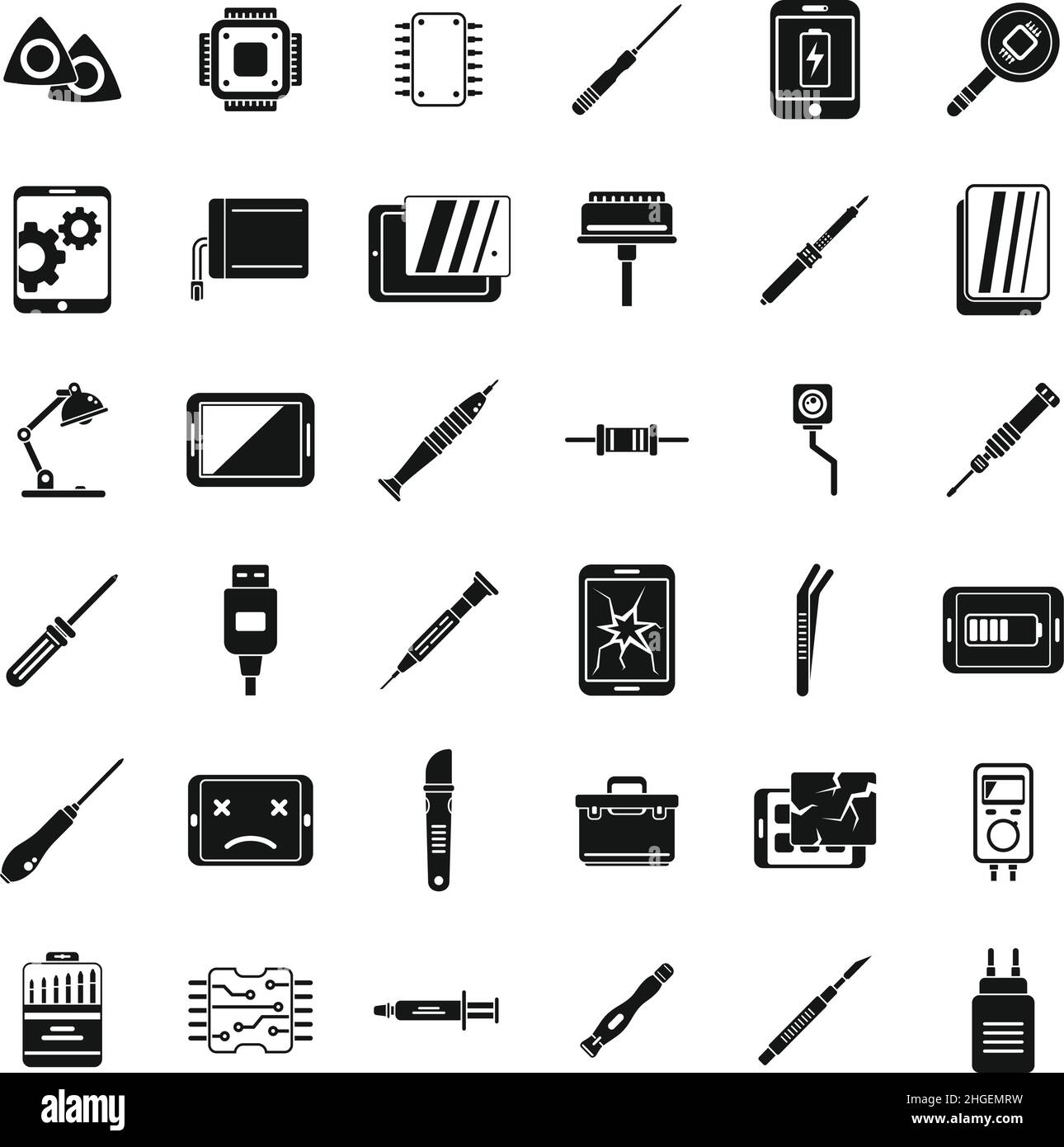 Tablet repair icons set simple vector. Break head. Fix repair Stock ...