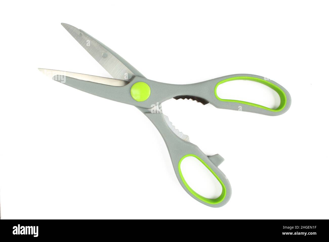 Grey and green kitchen scissors isolated on white background. For meat ...