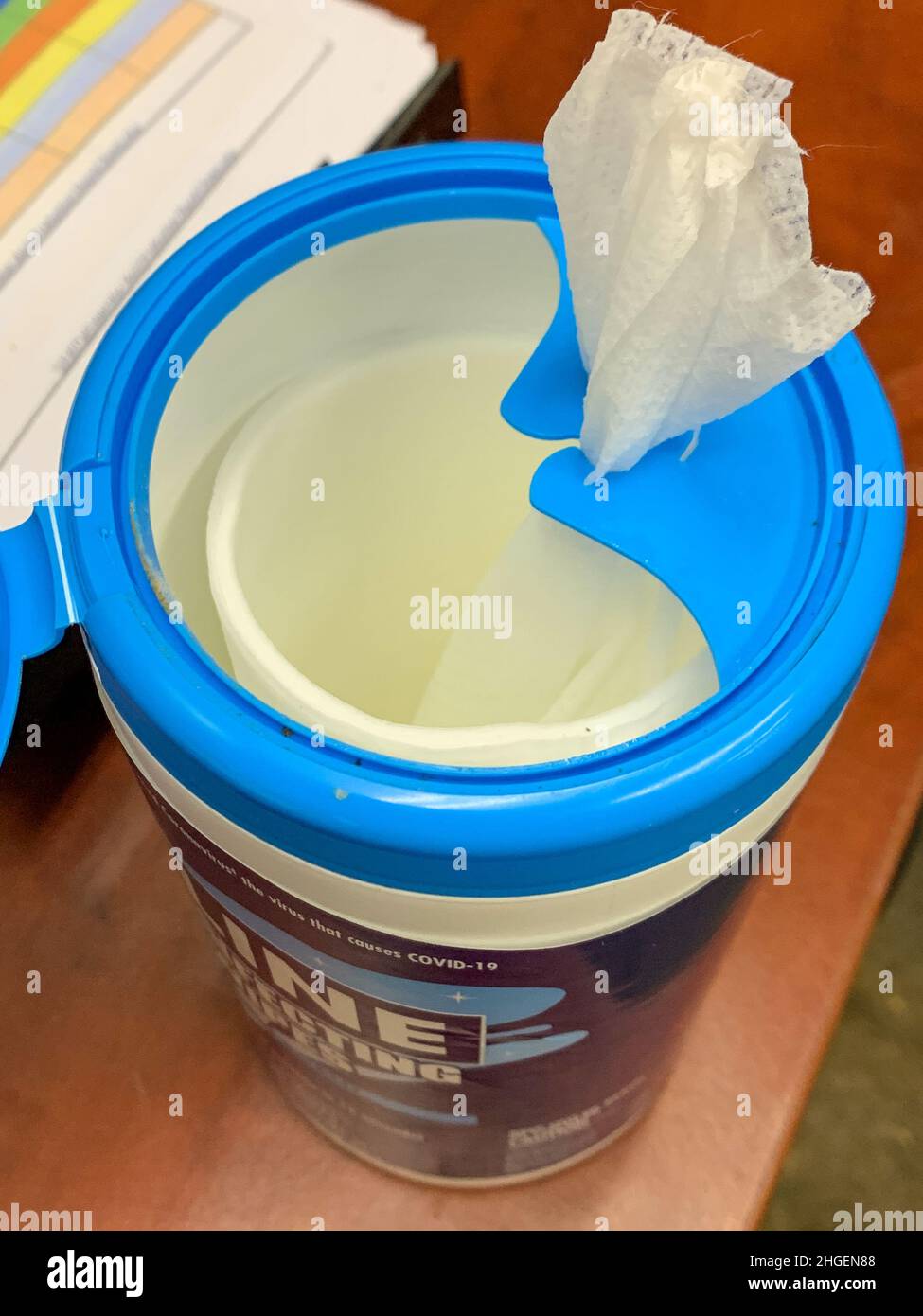 Disinfectant antibacterial sanitary wipes in plastic container top view ...